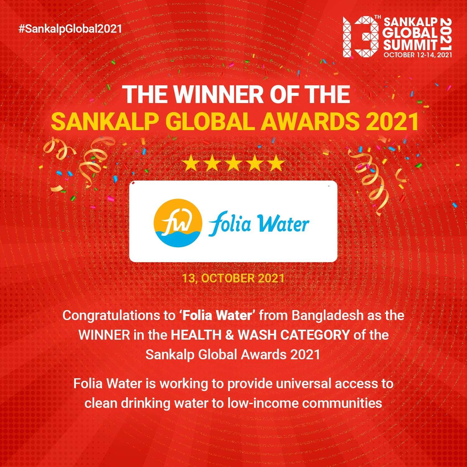 Folia Water Bangladesh wins THE SANKALP GLOBAL AWARDS 2021 - WELLSPRING ...